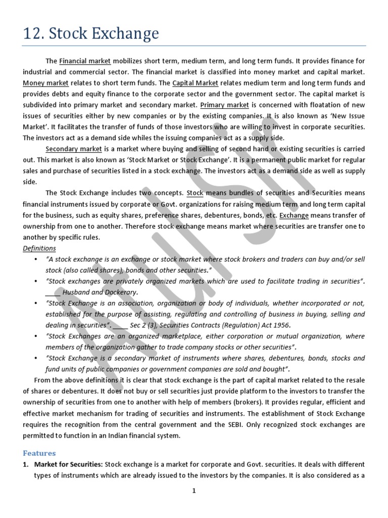 Notes of 12. Stock Exchange | PDF | Securities (Finance) | Stocks