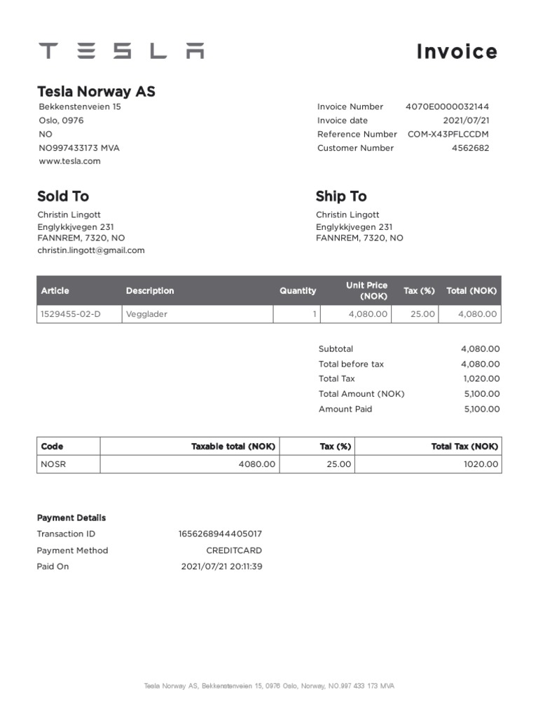 Invoice: Tesla Norway AS | PDF | Invoice | Taxes