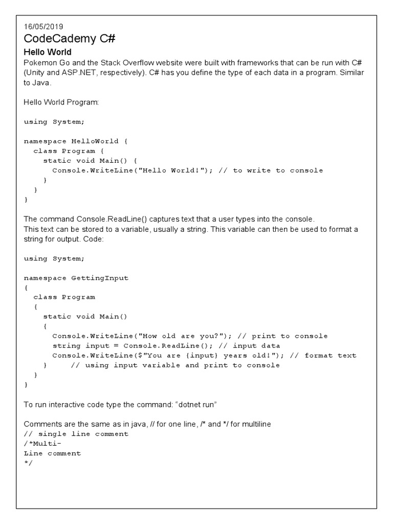 Codecademy C# | PDF | C Sharp (Programming Language) | Boolean Data Type