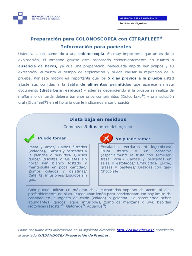 Preparacion para Colonoscopia Con CITRAFLEET | PDF | Carne | Dieta y ...