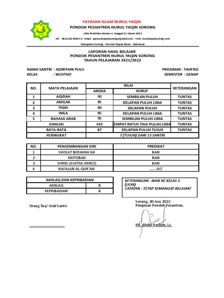 Format Raport Tahfidz | PDF