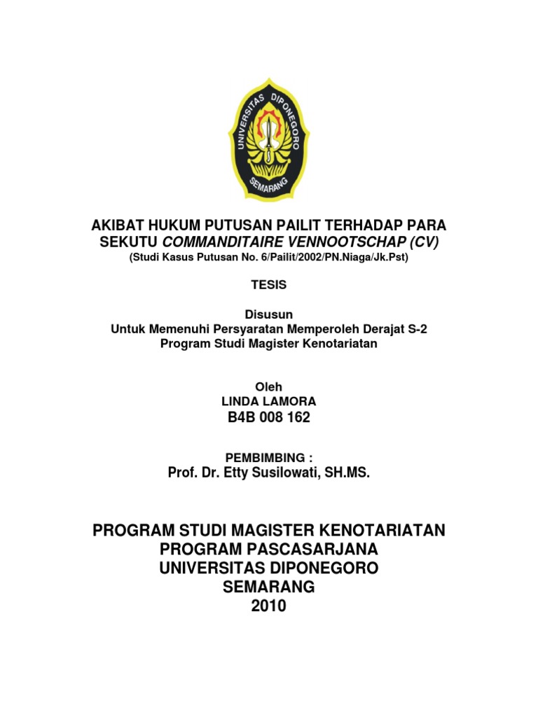 Akibat Hukum Putusan Pailit Terhadap para Sekutu Commanditaire Vennootschap (CV) | PDF