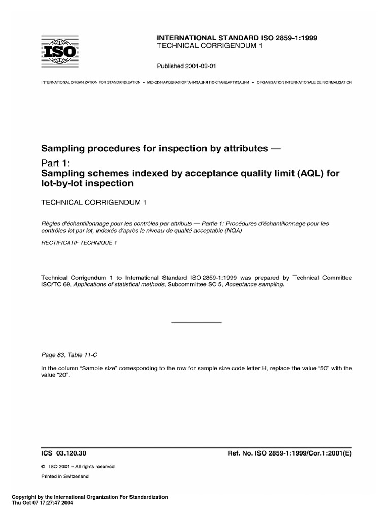 ISO2859 1抽样检验标准 全英文版 | PDF | Regulation | International Organization ...