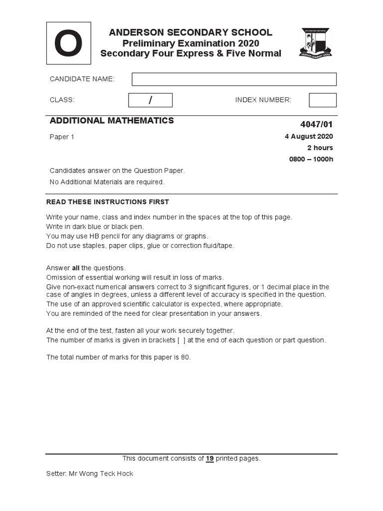 2020 Sec 4 A Math SA2 Anderson Sec | PDF | Trigonometric Functions | Circle