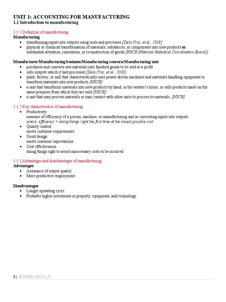 Unit 1: Accounting For Manufacturing | PDF | Inventory | Cost Of Goods Sold