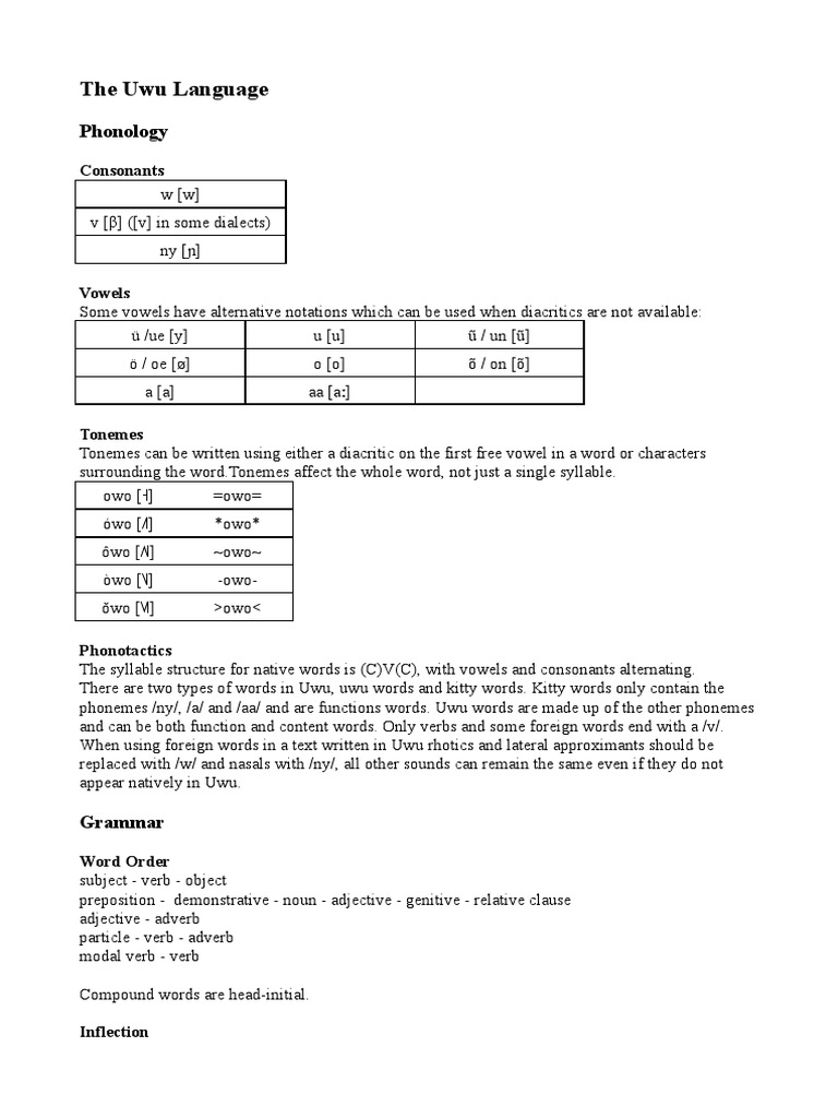 The Uwu Language: Phonology | PDF | Verb | Adjective