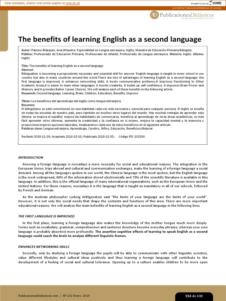 The Benefits of Learning English As A Second Language | PDF ...
