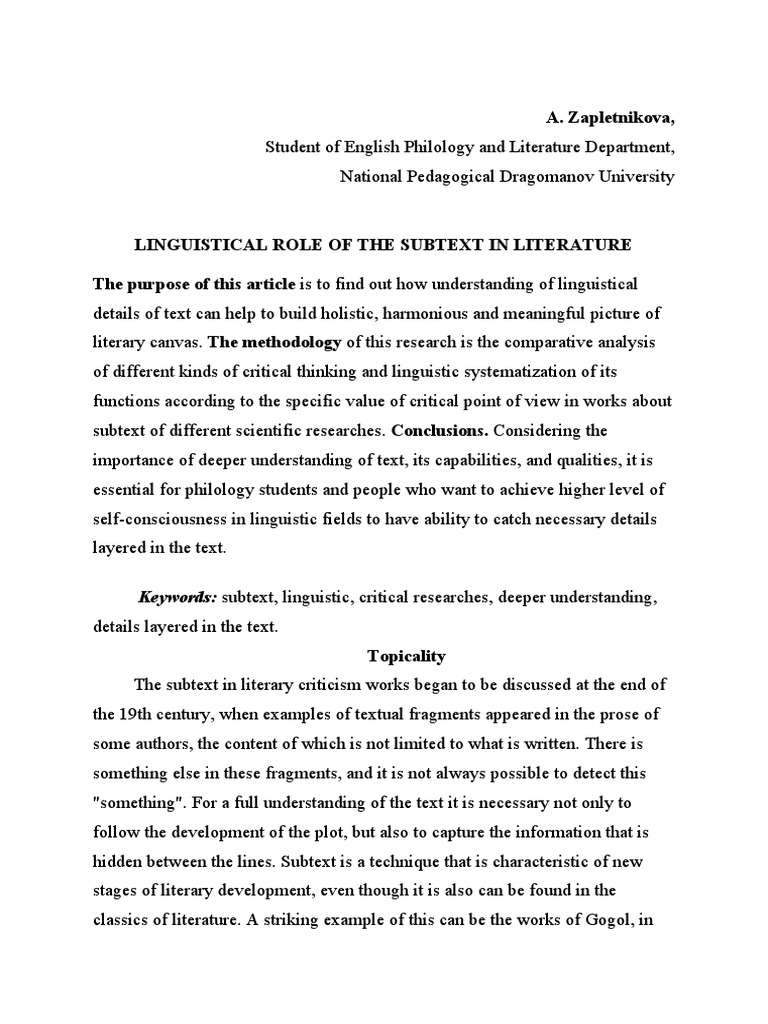 Article LINGUISTICAL ROLE OF THE SUBTEXT IN LITERATURE + Abstract ...
