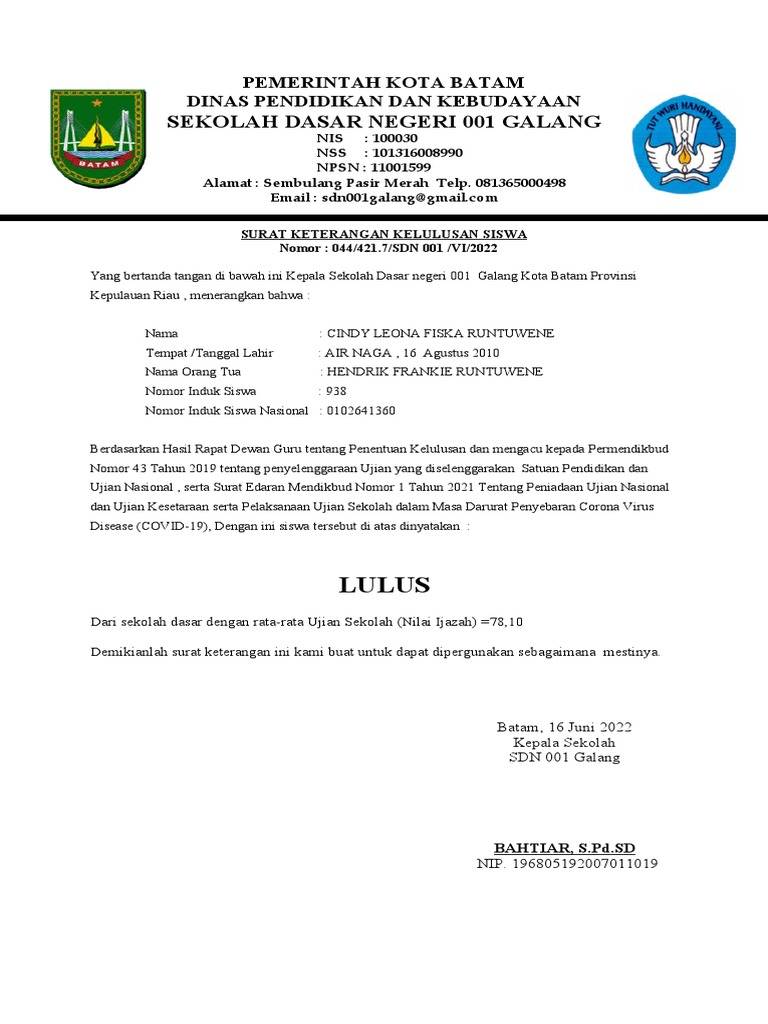 Surat Keterangan Lulus Kelas 6 | PDF