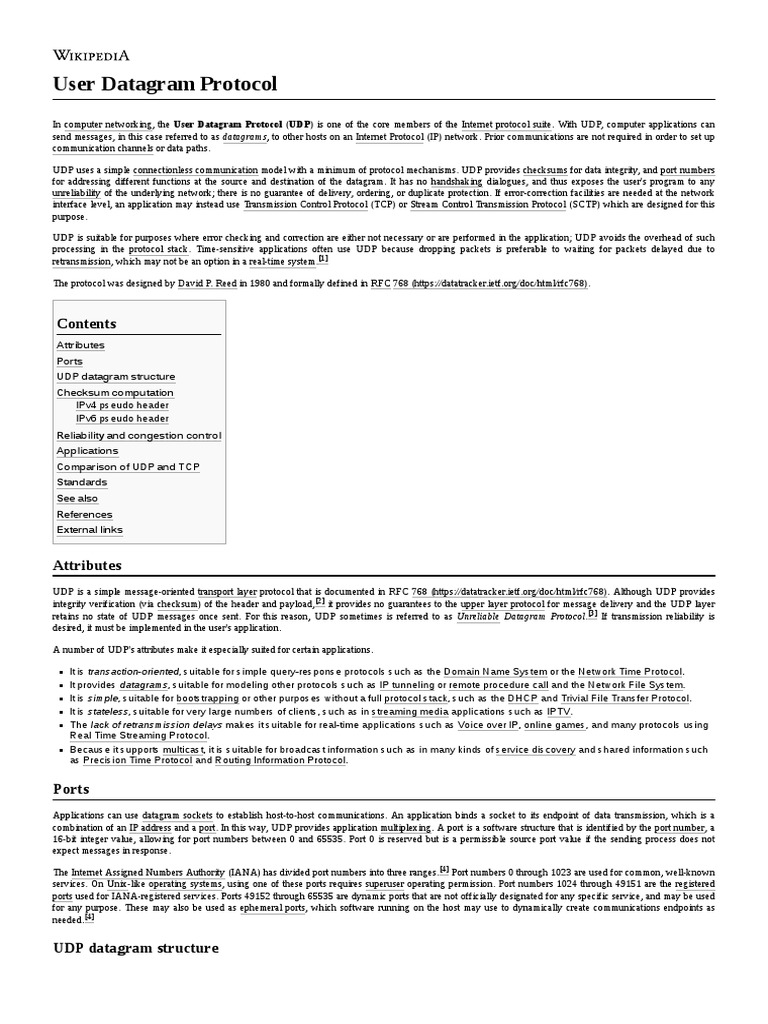 User Datagram Protocol | PDF | Port (Computer Networking) | Transmission Control Protocol