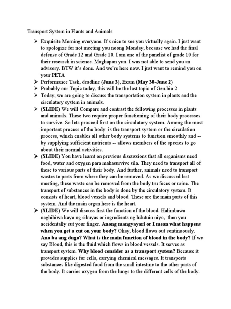 Transport System in Plants and Animals | PDF | Heart | Atrium (Heart)