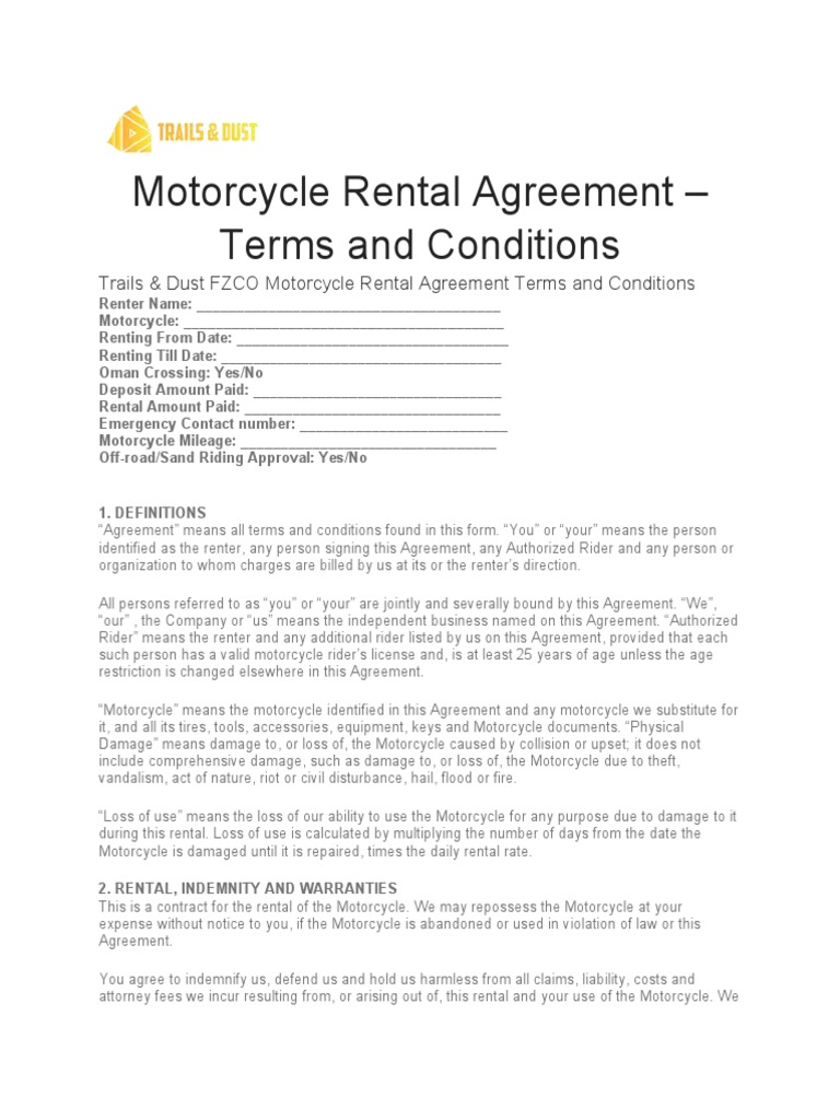 Trails & Dust FZCO Motorcycle Rental Agreement Terms and Conditions ...