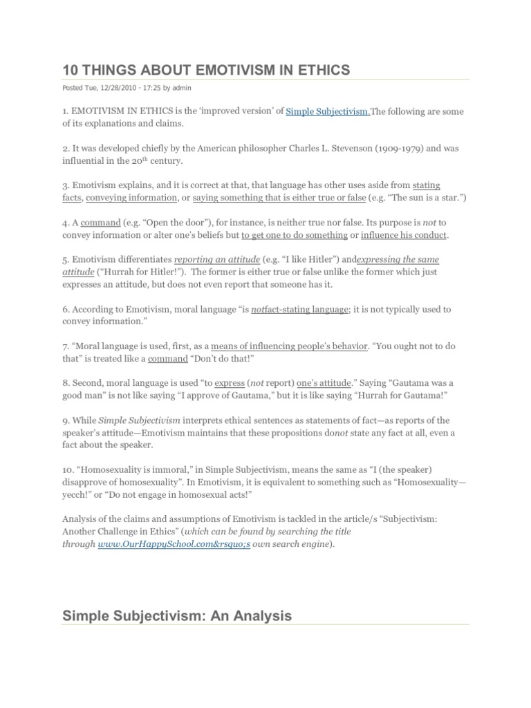 10 Things About Emotivism in Ethics | PDF | Morality | Psychological ...