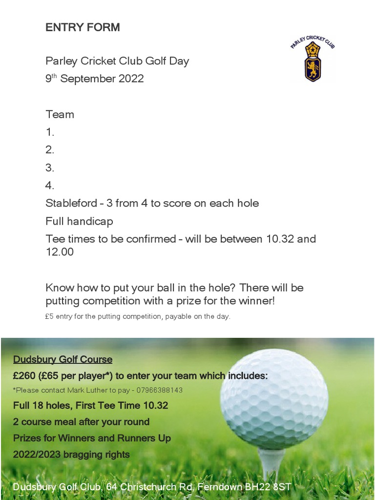Parley Cricket Club Golf Day 2022 Entry Form | PDF