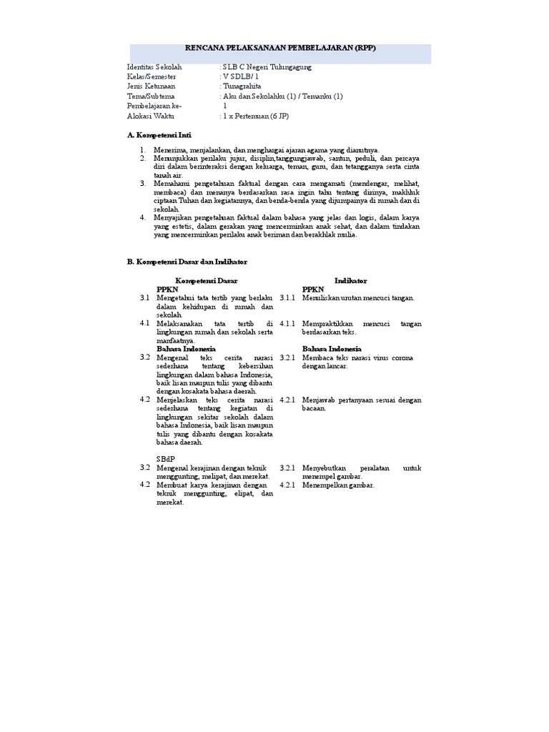 RPP SLB C: Pembelajaran Kebersihan dan Tata Tertib | PDF | Karier & Perkembangan