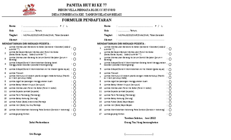 Formulir Pendaftaran Lomba 17 | PDF