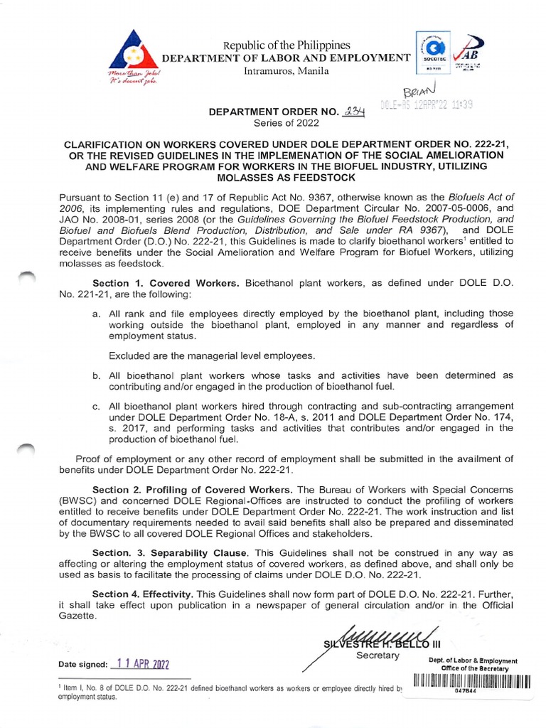 DO 234 22 Clarification On Workers Covered Under DOLE DO 222 21 or The Revised Guidelines in The ...