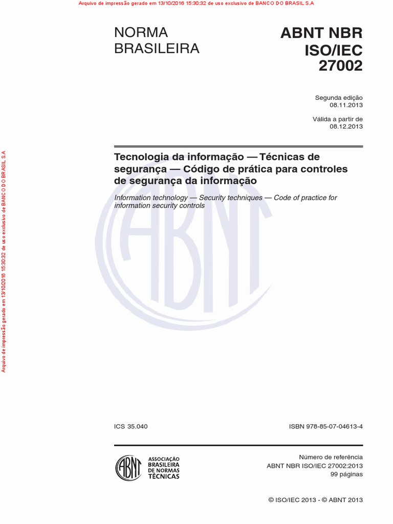 Abnt NBR Iso Iec 27002 2013 PDF Seguran a Da Informa o Informa o
