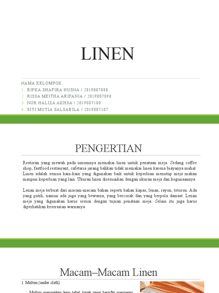 Kelompok Linen - PPT - Tata Hidang | PDF | Memasak, Makanan, & Anggur