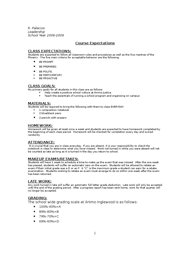 Course Expectations Class Expectations:: R. Palacios Leadership School ...