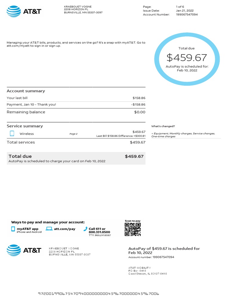 Phone Bill Jan 2022 | Download Free PDF | Fee | At&T Mobility