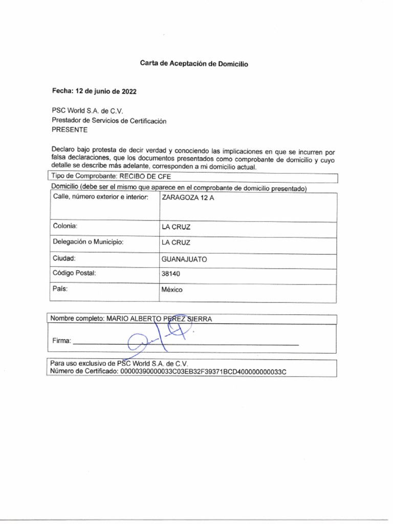 Carta Domicilio | PDF