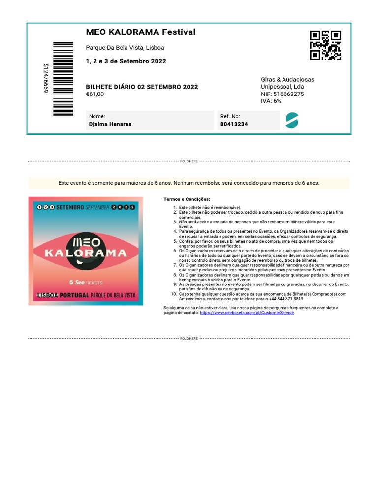 MEO KALORAMA Festival bilhete 2 de setembro | PDF