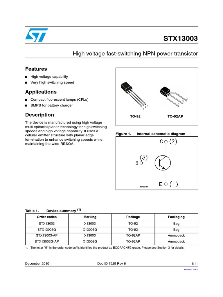 High Voltage Fast-Switching NPN Power Transistor: Features | PDF ...