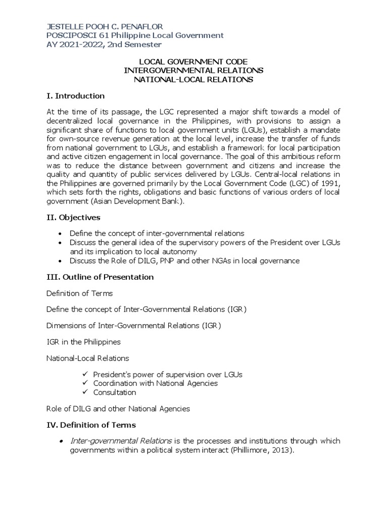 Local Government Code Intergovernmental Relations National-Local ...