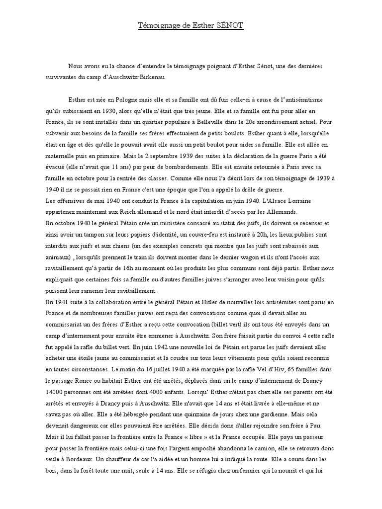 Témoignage d'Esther Sénot, survivante d'Auschwitz | PDF | Camp de ...