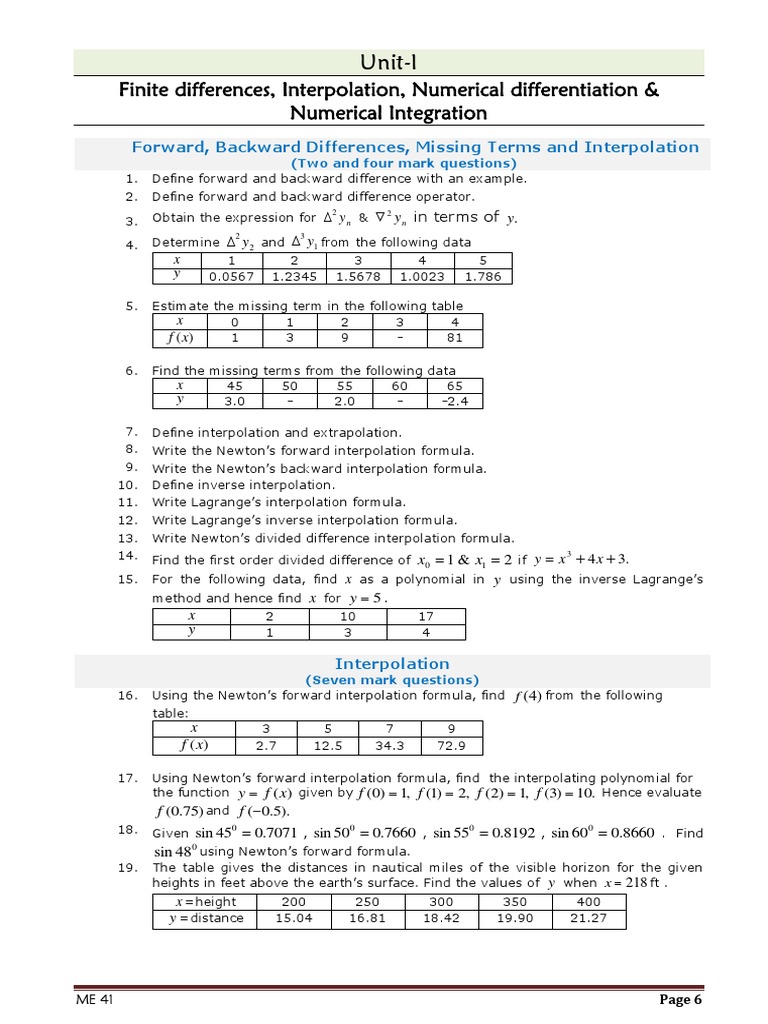 Unit-I: Finite Differences, Interpolation, Numerical Differentiation & Numerical Integration ...