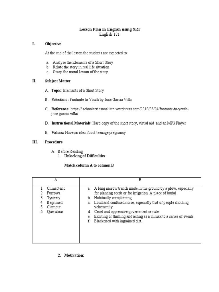 Lesson Plan in English Using SRF: I. Objective | PDF