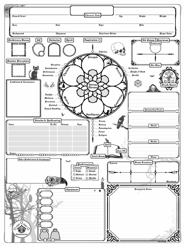 Gothic Character Sheet + Spell Sheet + Extra Sheet | PDF