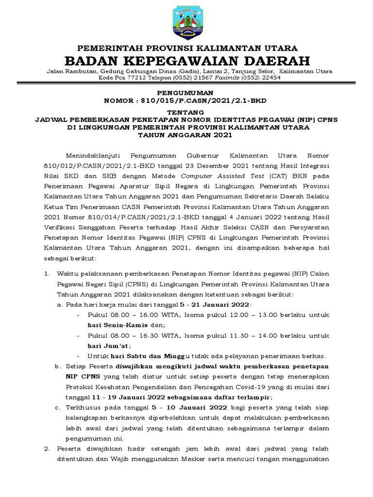 Pengumuman Jadwal Pemberkasan Penetapan Nip Cpns Pemprov. Kaltara Ta 2021 | PDF
