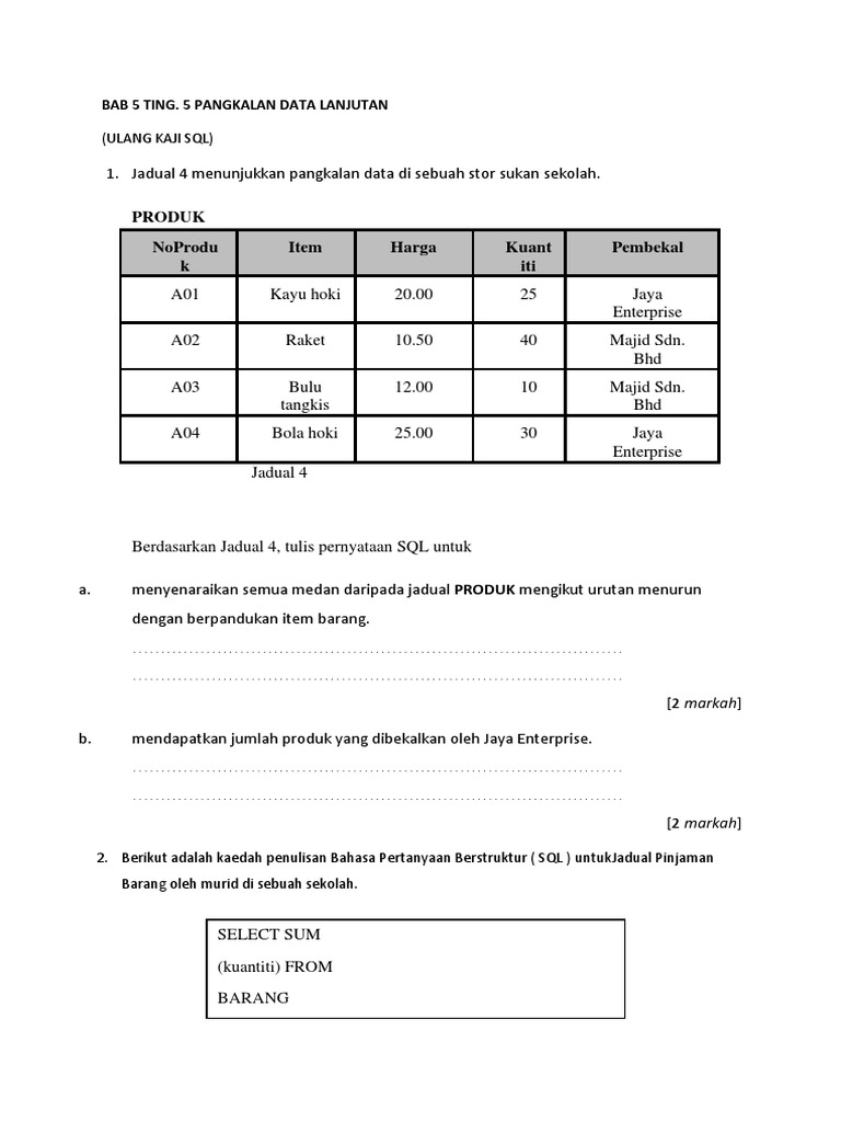 Contoh Soalan SQL | PDF