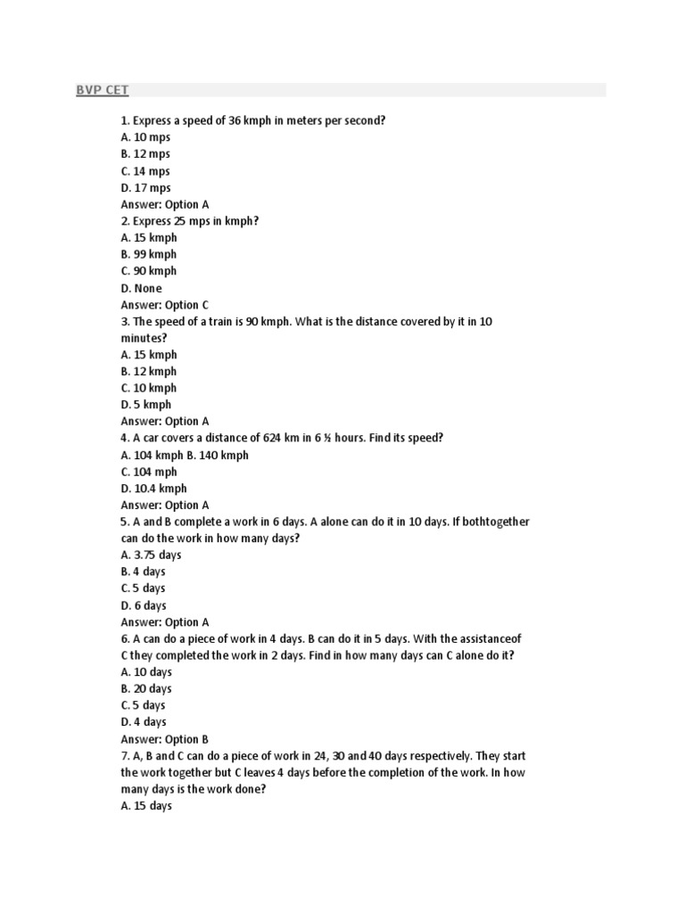 BVP CET Model Paper | PDF | Speed | Metrology