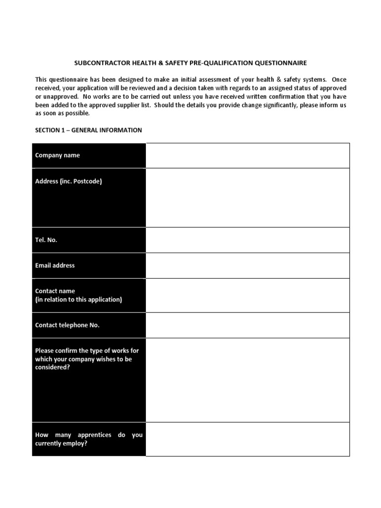 Suppliers H&S Pre Qualification Questionnaire | PDF | Risk Assessment ...