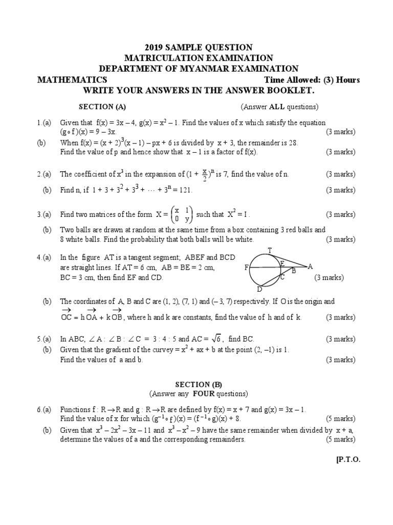 2019 Sample Question Matriculation Examination Department of Myanmar ...