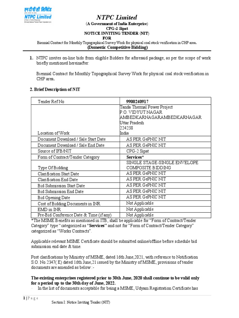 NTPC Limited: Biennial Contract For Monthly Topographical Survey Work ...