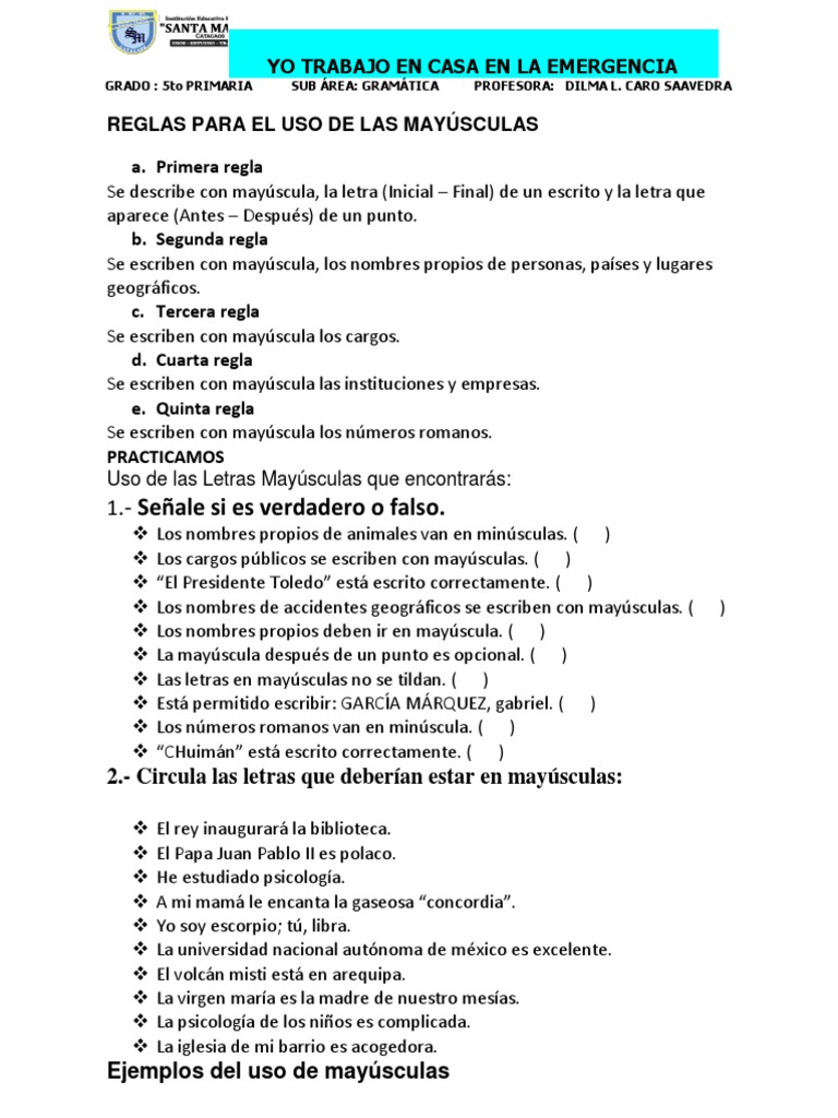 Reglas para El Uso de Las Mayusculas 5to | PDF | Caso de carta