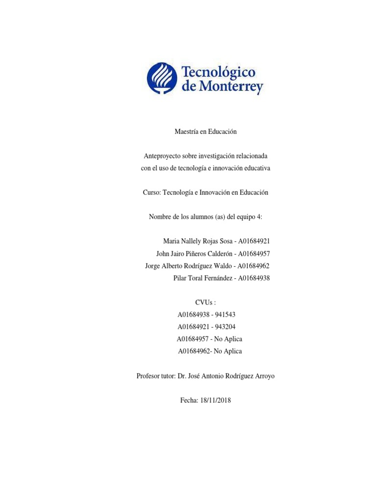 Anteproyecto Sobre Investigación Relacionada Con El Uso de Tecnología e Innovación Educativa ...