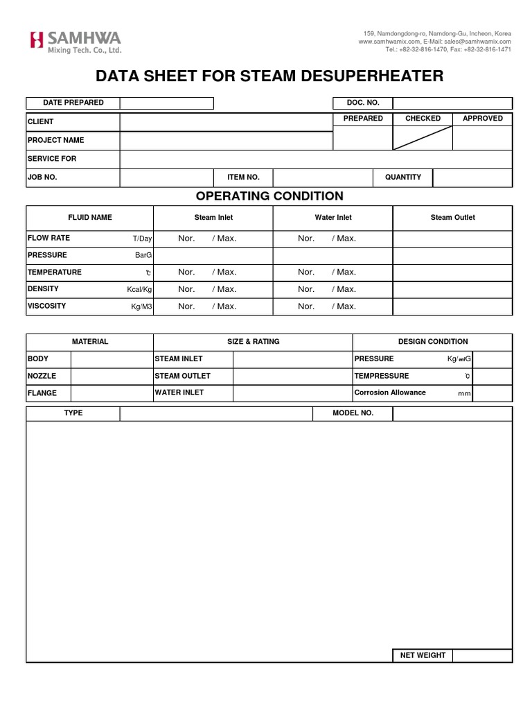 Data Sheet For Steam Desuperheater: Operating Condition | PDF