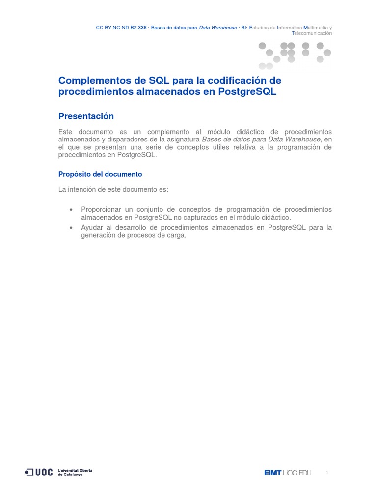 Complementos de SQL para Procedimientos Almacenados | PDF | SQL | Postgre Sql