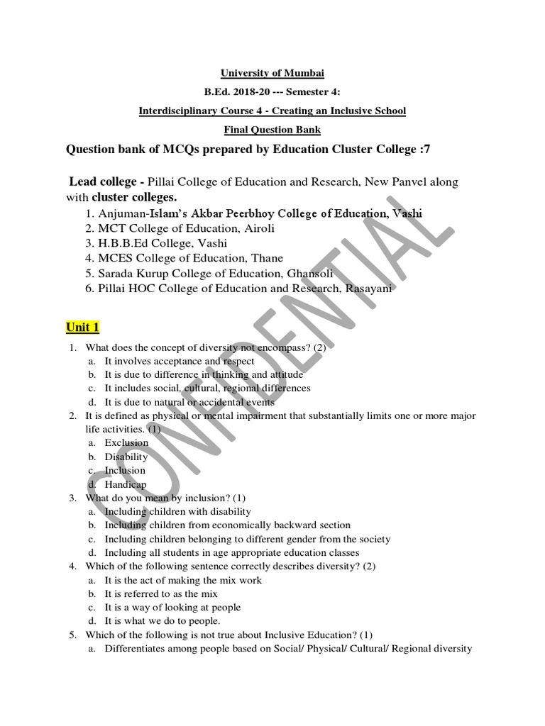 Inclusive Education Final Exam Question Bank | PDF | Inclusion ...