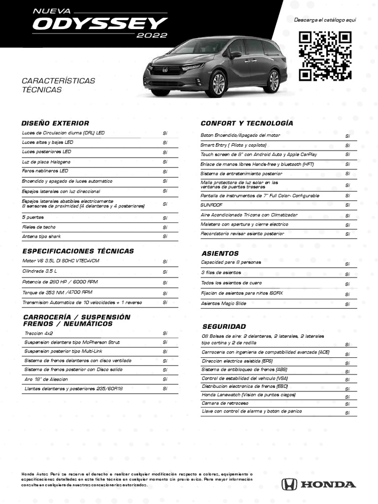 Ficha Tecnica ODYSSEY 2021 | Descargar gratis PDF | Diodo emisor de luz | Sistema de freno ...
