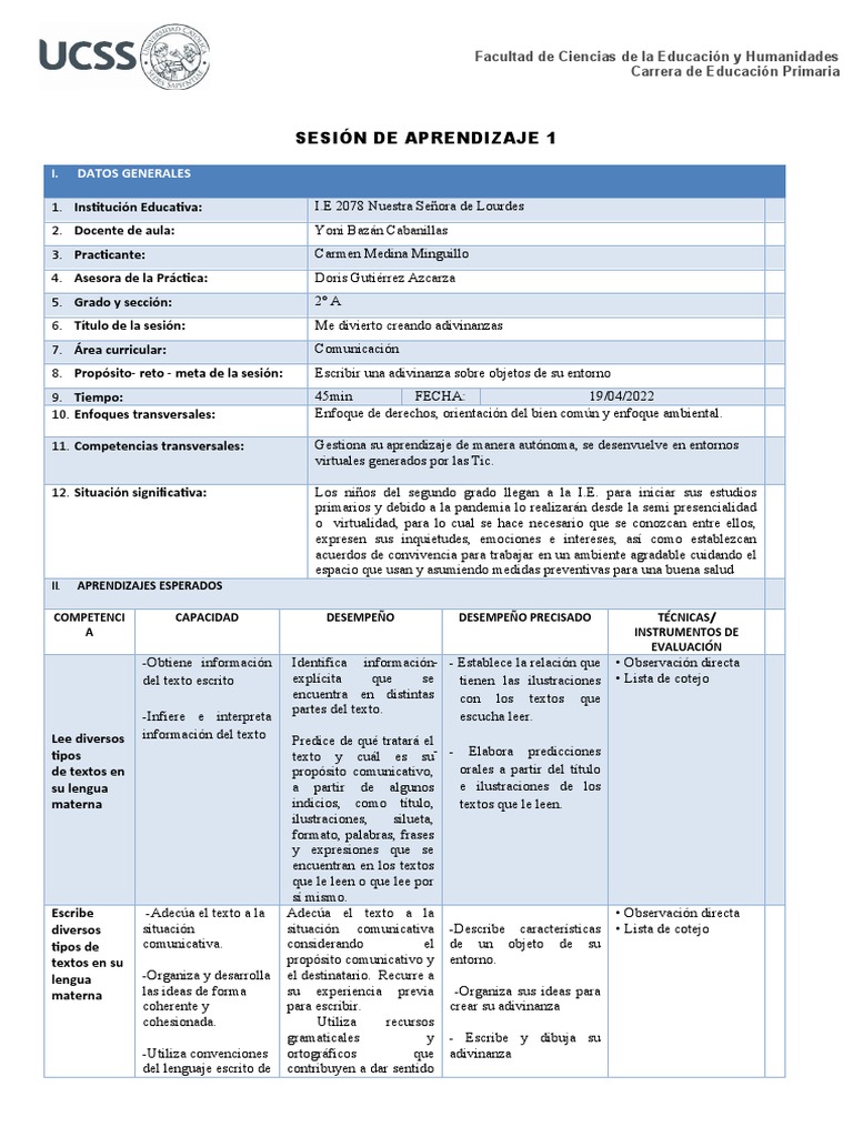 Sesion 1 - Me Divierto Creando Adivinanzas | PDF | Evaluación | Aprendizaje