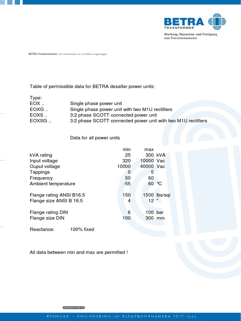 BETRA Technical Specs Desalter Transformers | PDF