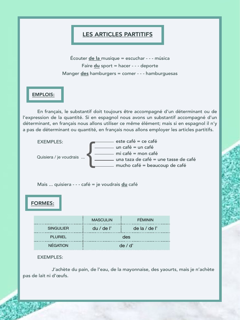 Articles partitifs en français | PDF | Nom (grammaire) | Morphologie
