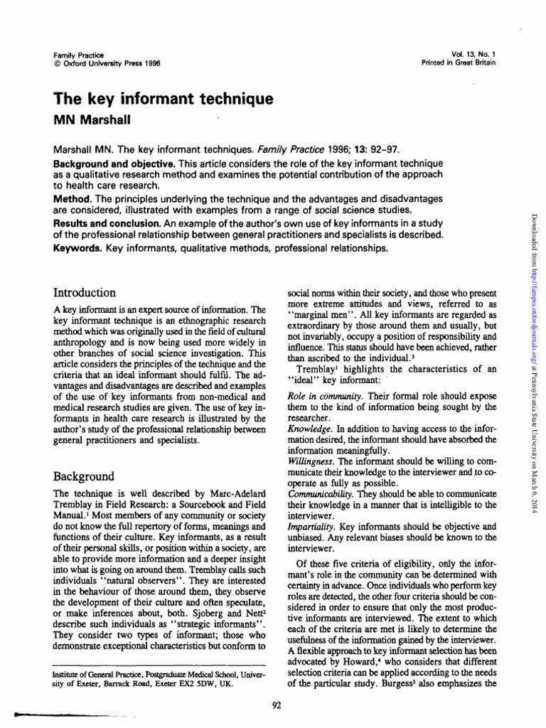The Key Informat Technique | PDF | General Practitioner | Health Care