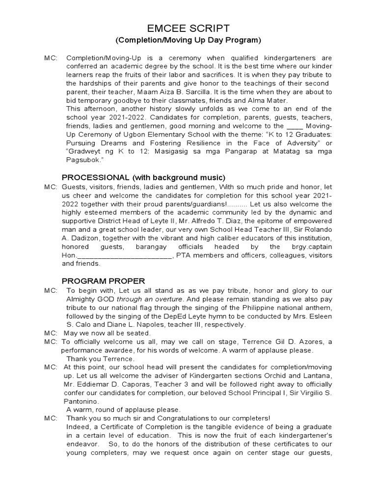 Emcee Script: (Completion/Moving Up Day Program) | PDF
